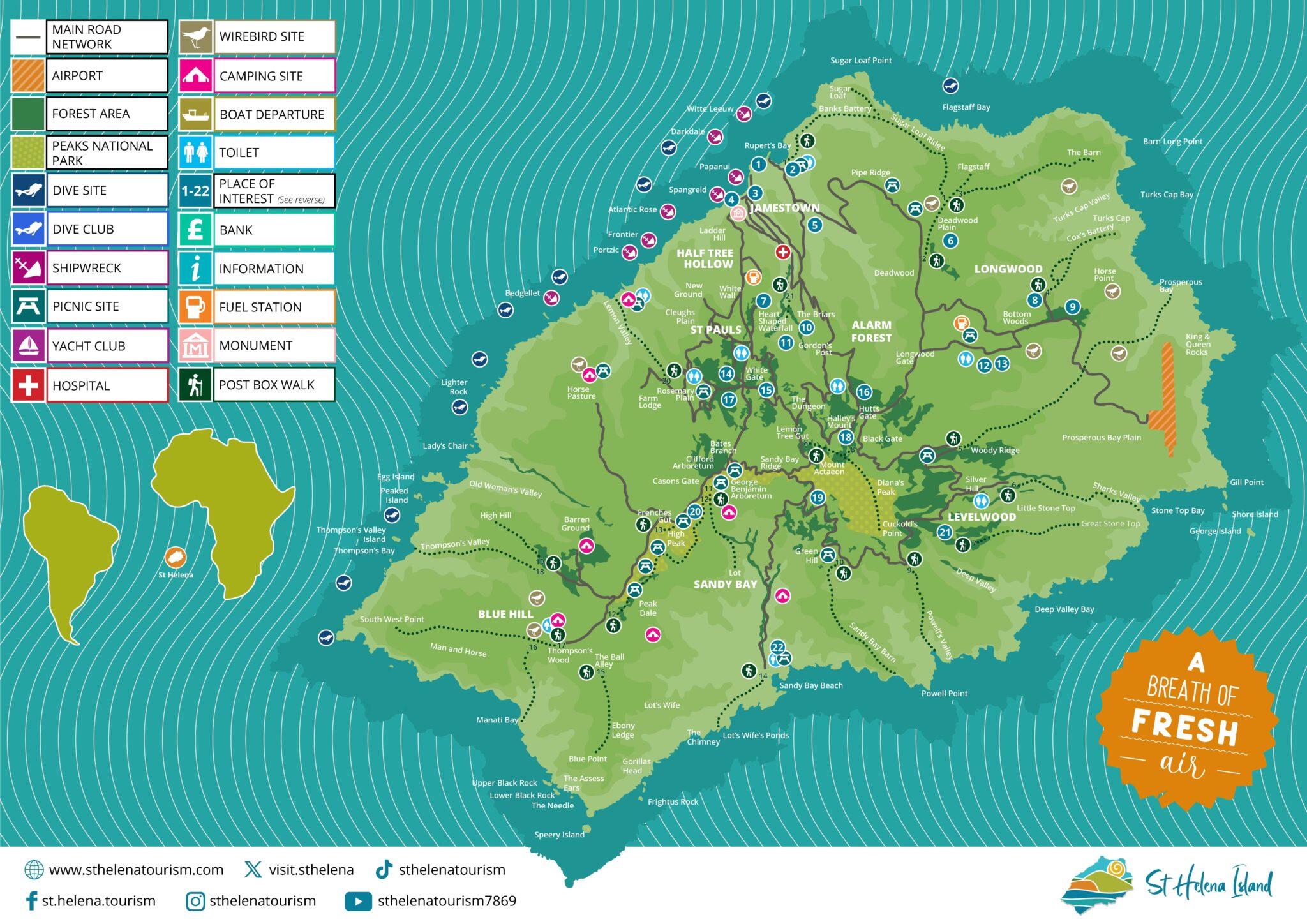 St Helena Tourist Map including Jamestown and walks information